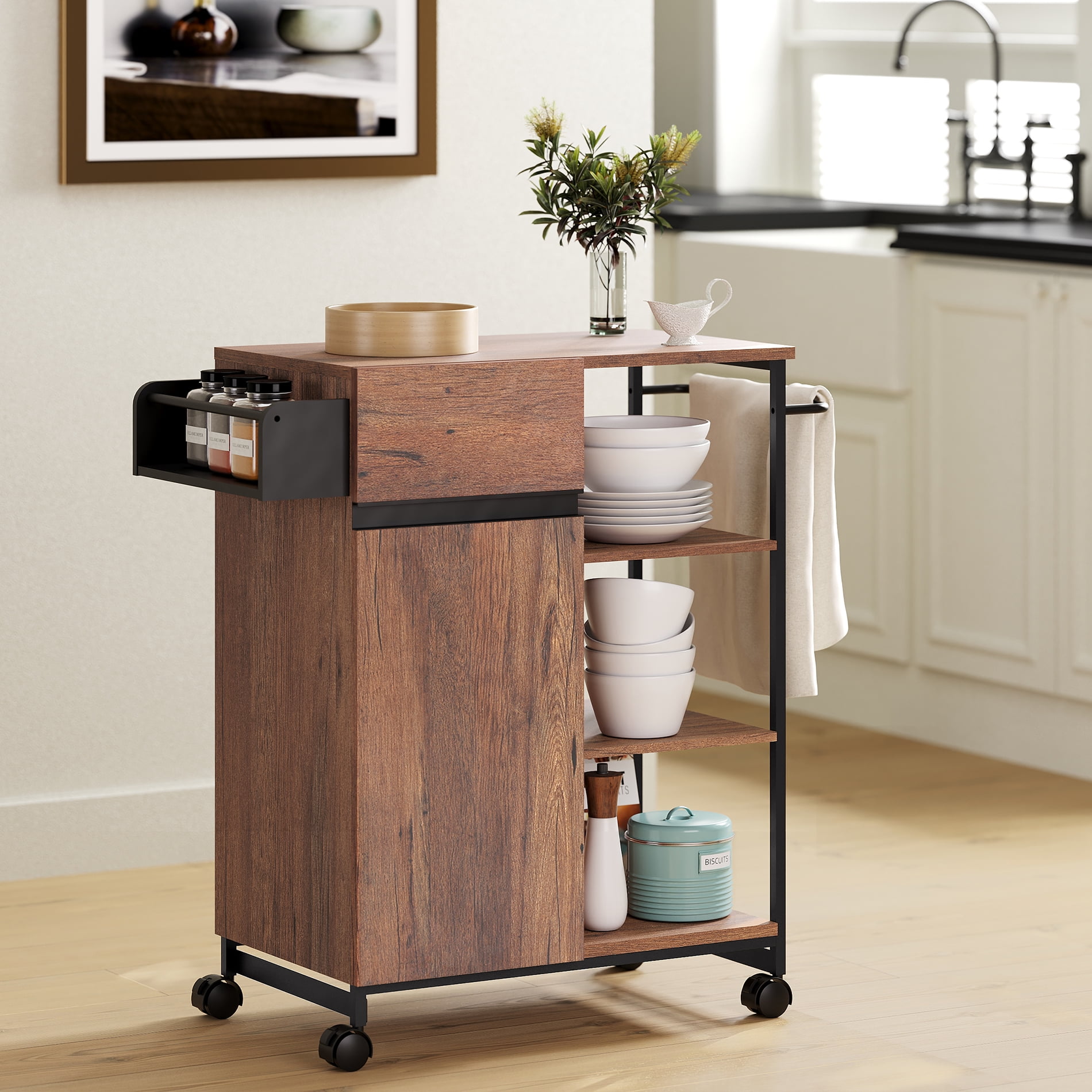 WAMPAT Kitchen Island on Wheels，Rolling Cart with Open Shelf for Small ...