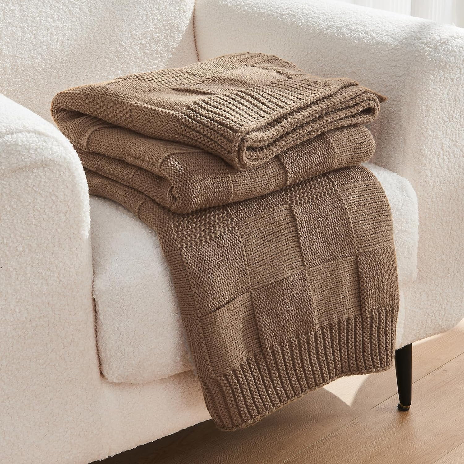 Click here for Zhitrades Check Knit Throw Blanket Light Brown Che... prices