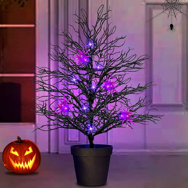 20'' Halloween Black Spooky Potted Tree, Glittered with Spiders ...