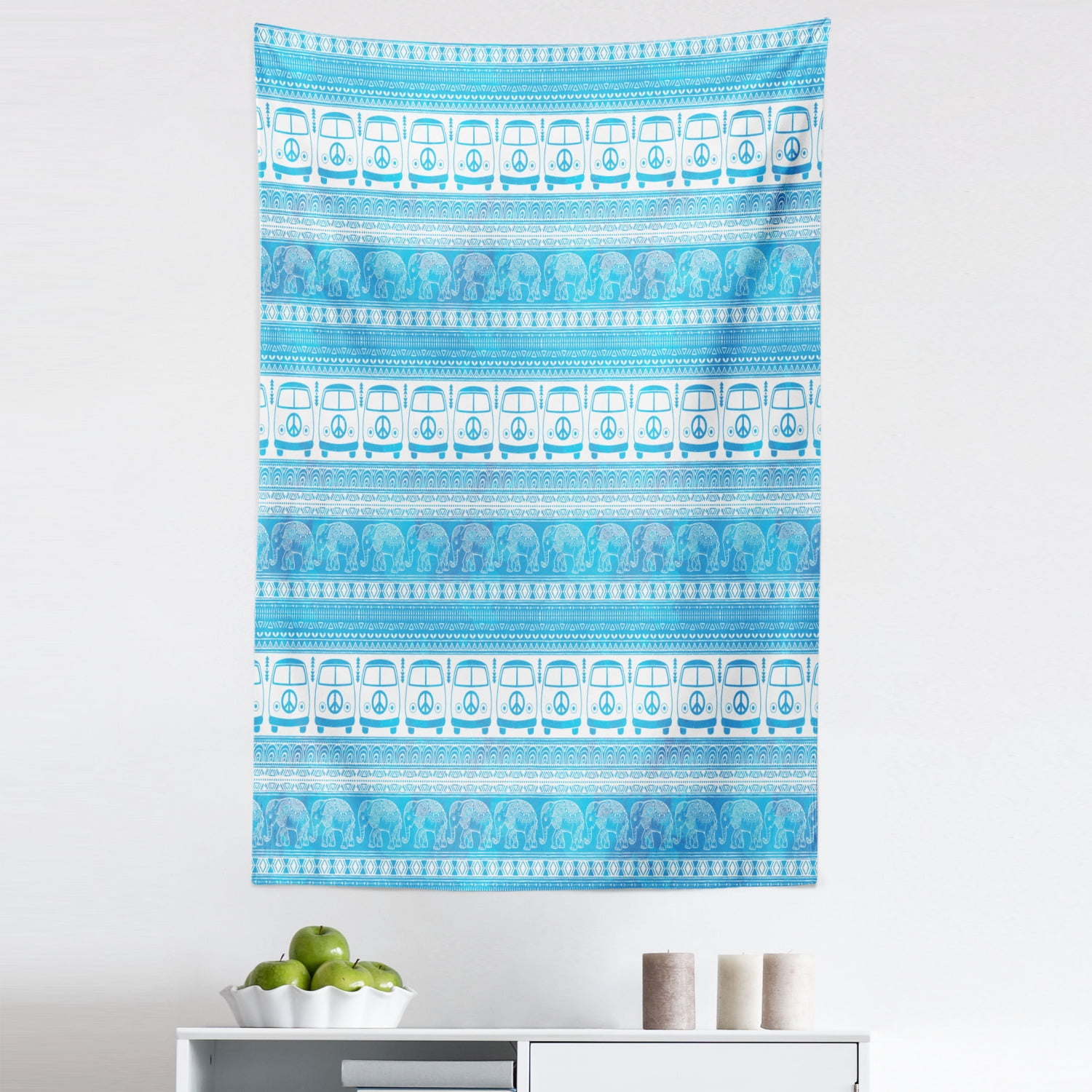 Hippie Tapestry, 60s 70s Woodstock Theme Minivans with Peace Signs ...