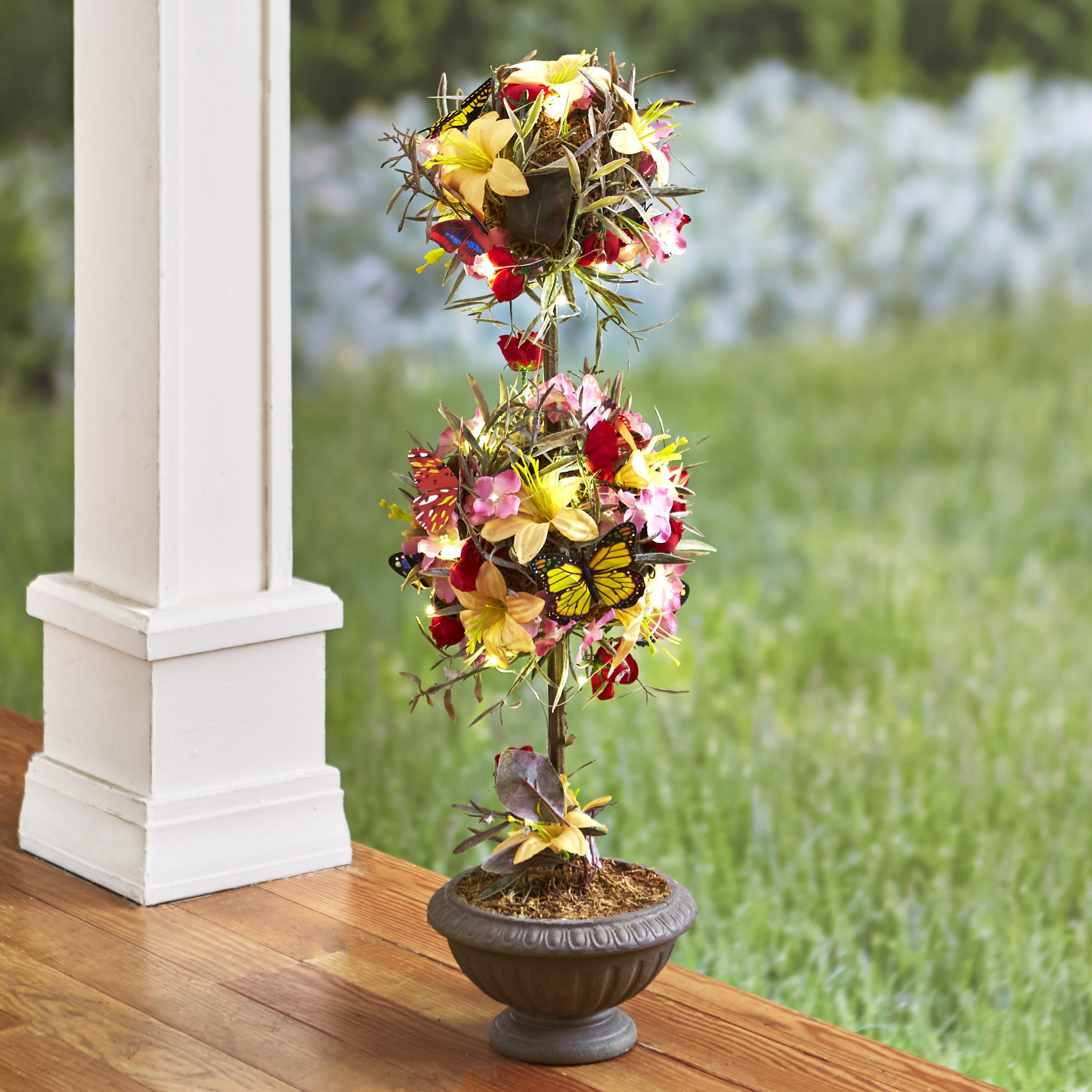 Lighted Spring Ball Floral Topiary with Faux Floral Leaves and Vase Pot ...