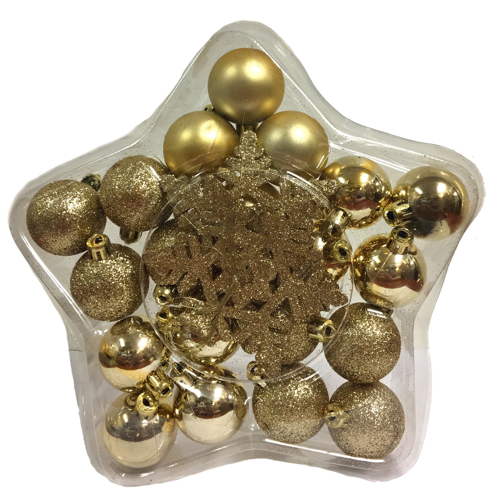 Gold Miniature Balls with Glitter Snowflakes Christmas Ornaments Set of ...