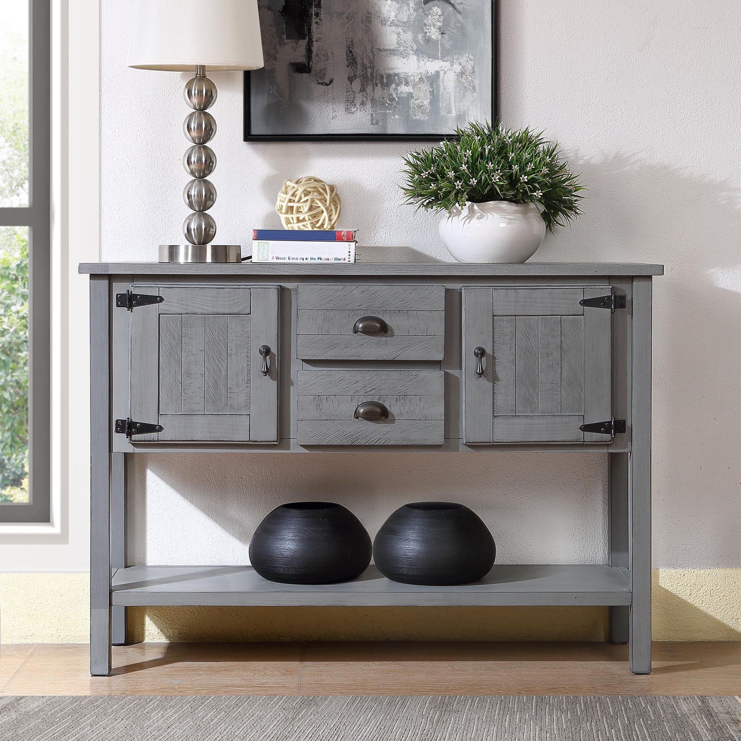48" Solid Wood Sideboard Console Table with 2 Drawers and Cabinets and ...