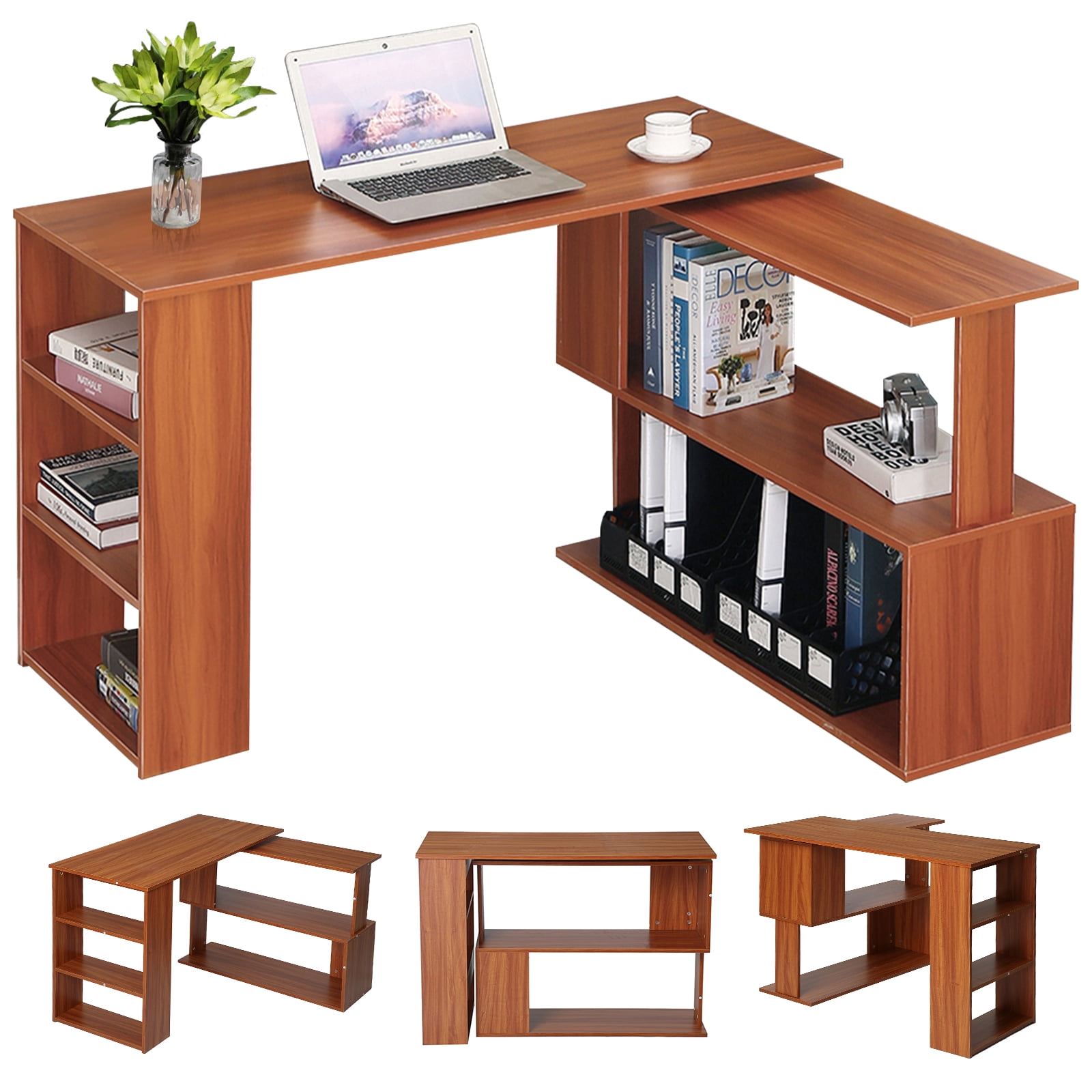 Hoffree L Shaped Computer Desk, 360 Degree Rotating Home Office Desk ...