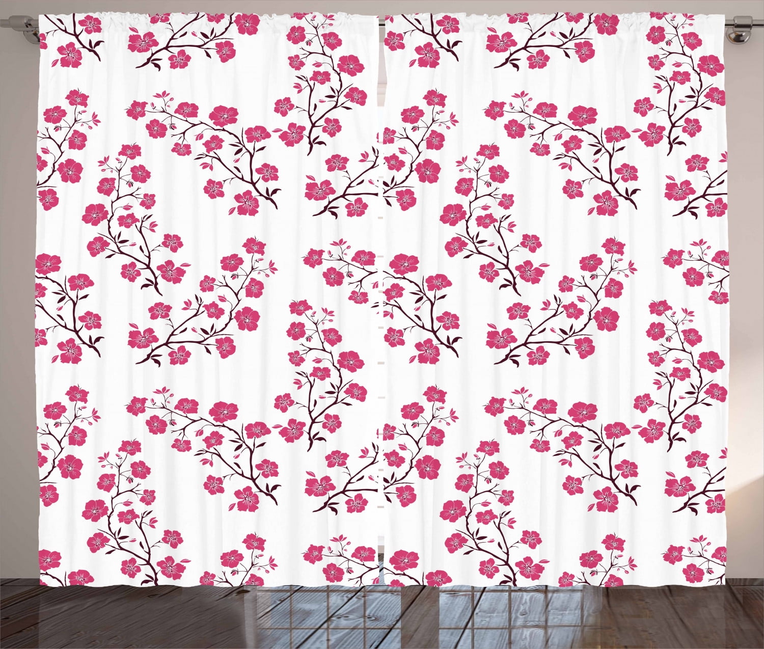 Floral Curtains 2 Panels Set, Twig of Sakura Trees with Bloomed Pink ...