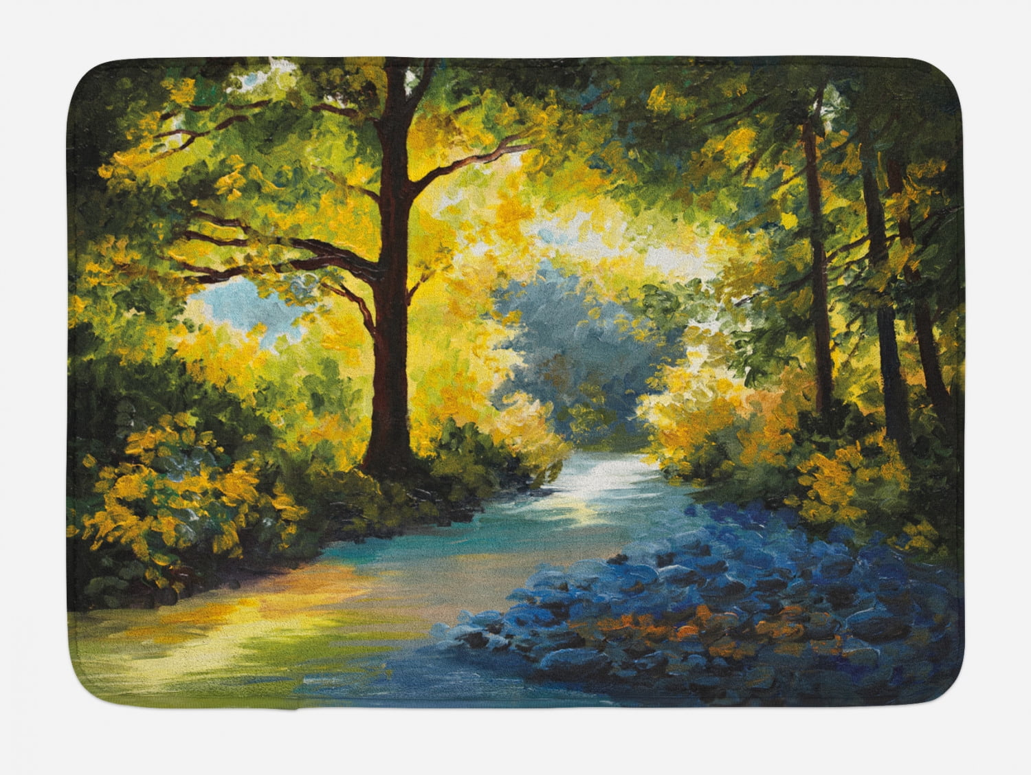 Nature Bath Mat, Mother Nature Theme Oil Painting Style Forest Meadows ...
