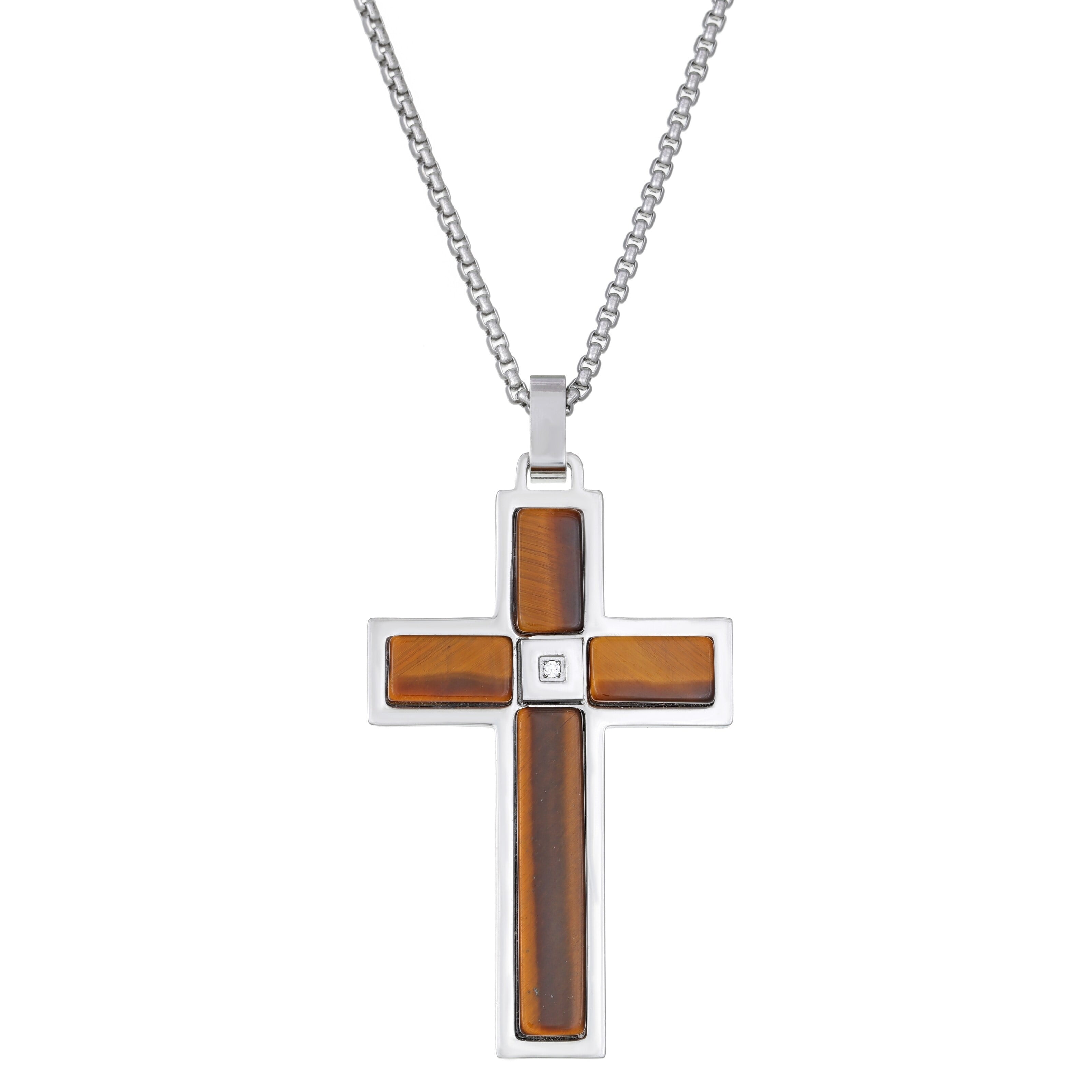 Stainless Steel and Tiger Eye Cross Pendant with Cubic Zirconia on 24 ...