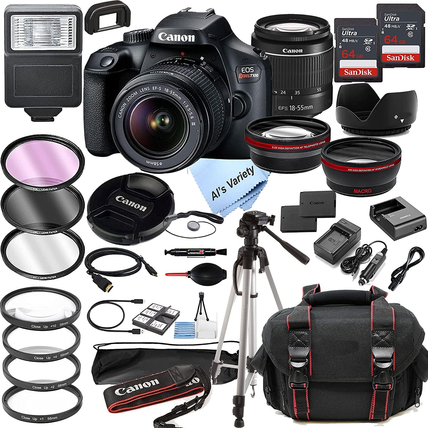 Canon EOS Rebel T100 DSLR Camera w/EF-S 18-55mm F/3.5-5.6 Zoom Lens + 128GB Memory + Case ...
