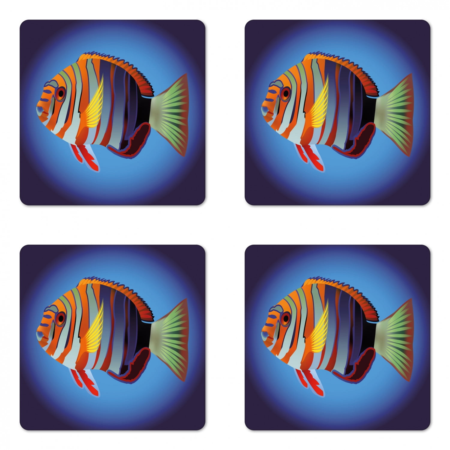 Marine Coaster Set of 4, Tropical Exotic Ocean Sea Fish with Colorful ...