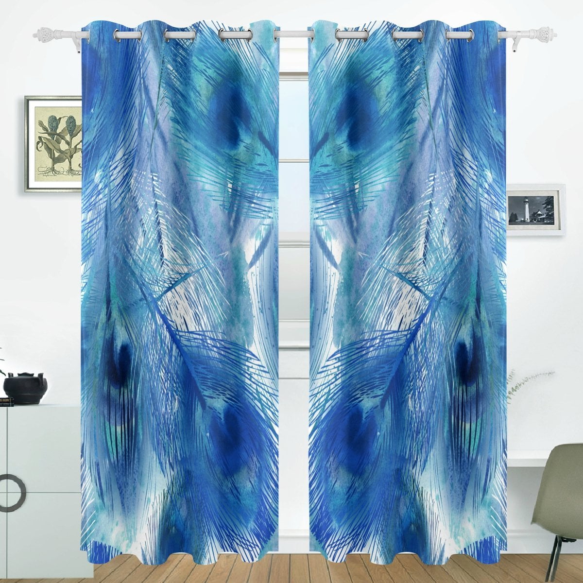 Popcreation Blue Peacock Feather Pattern Window Curtain Blackout Curtains Darkening Thermal
