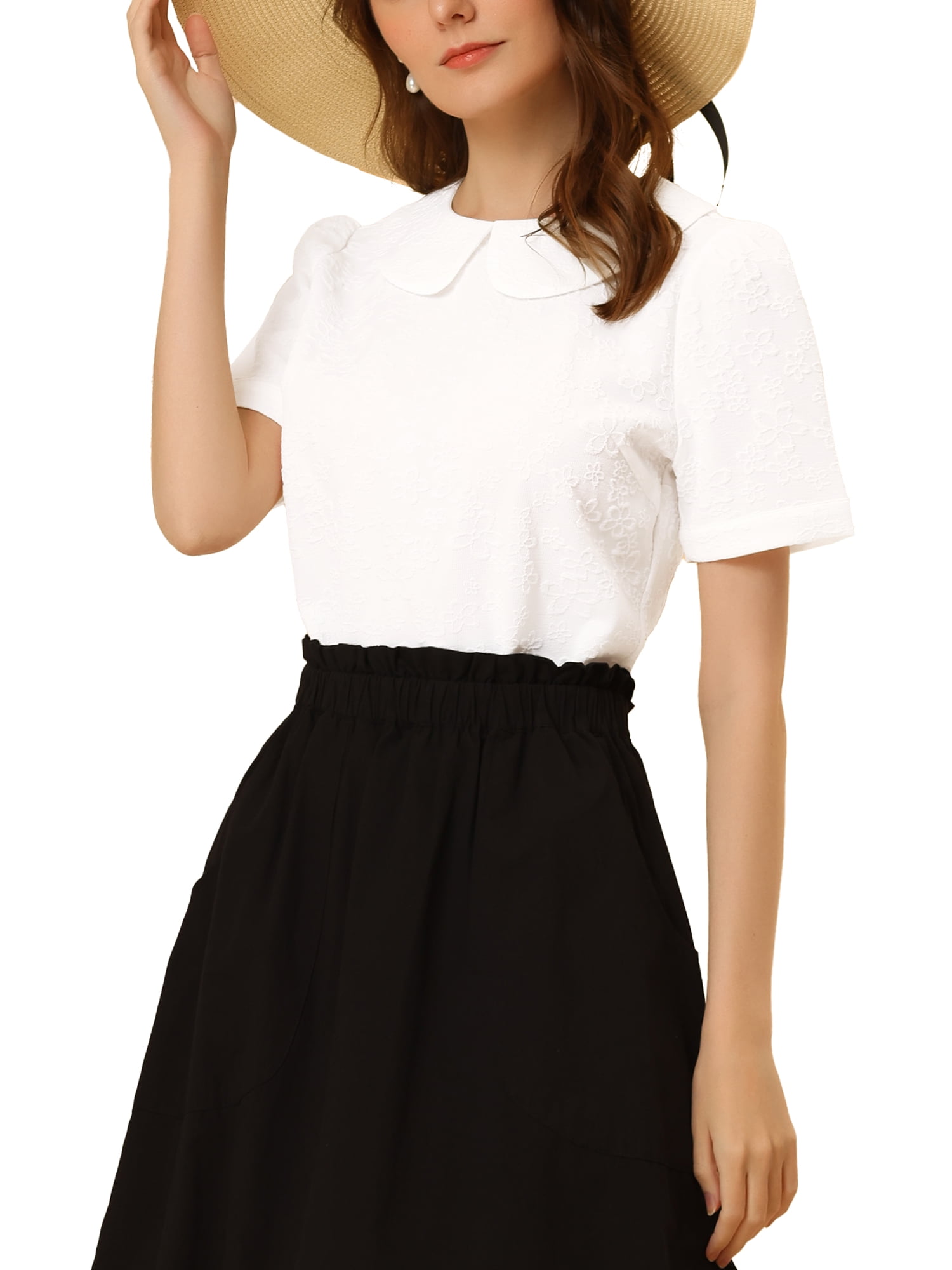 Allegra K Peter Pan Collar Blouse for Women's Floral Puff Short Sleeve ...