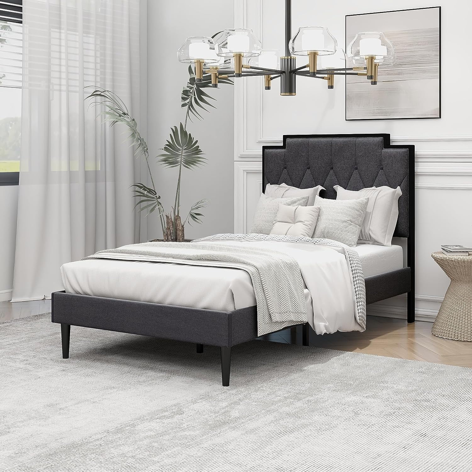 SHMAMT Upholstered Platform Queen Size Bed Frame with Headboard Premium ...
