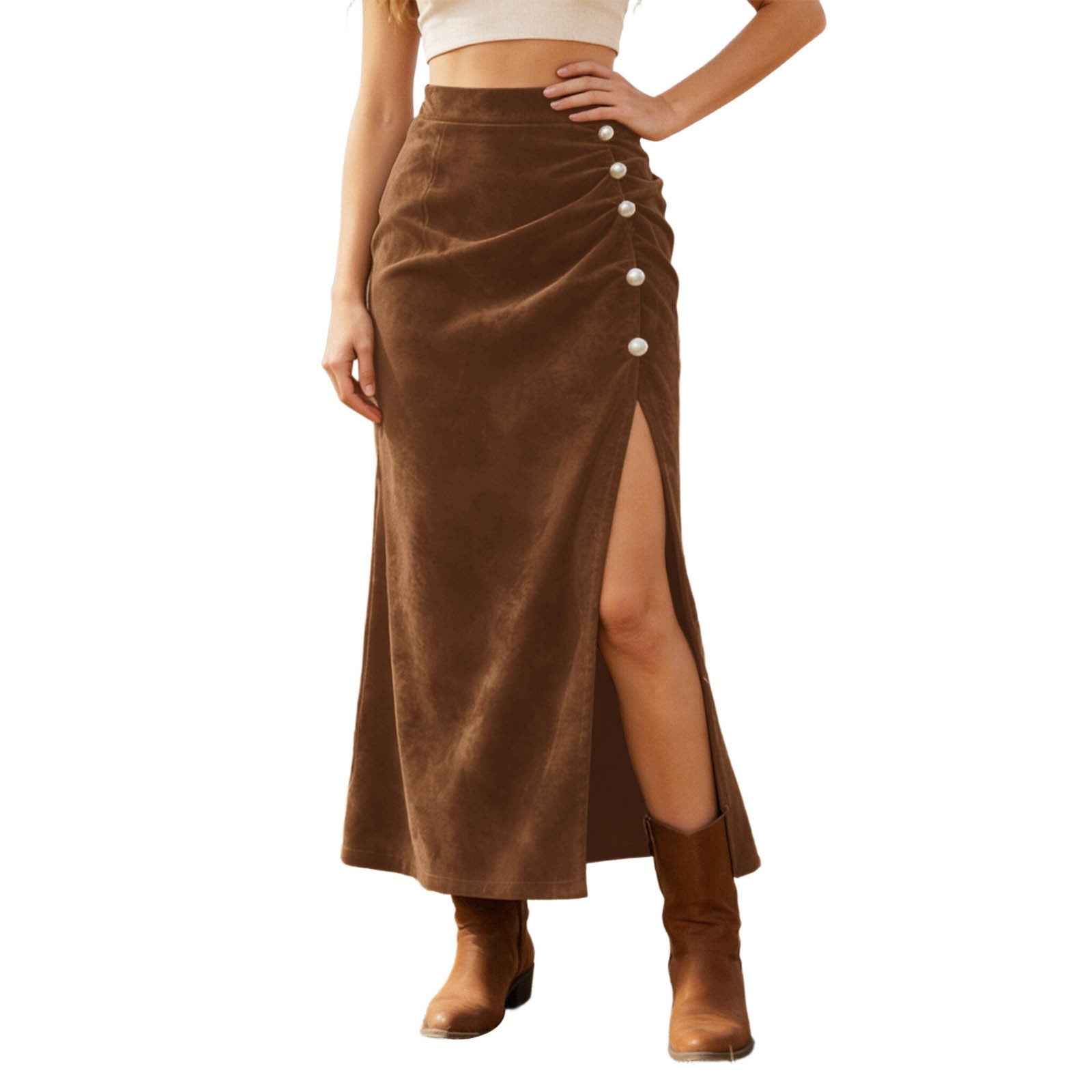 Click here for Qhfbli Long Faux Suede Leather Skirt For Women Ruf... prices