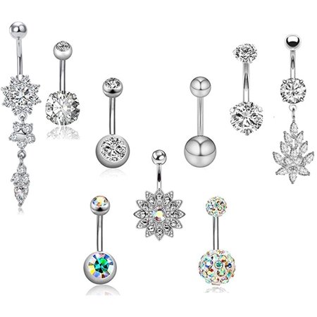 KSCD 9 Pcs 14G Stainless Steel Dangle Belly Button Rings Screw Navel ...