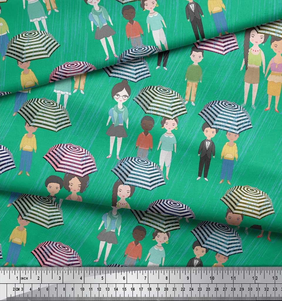 Soimoi Green Satin Silk Fabric Monsoon Theme Human Figure Print Fabric ...