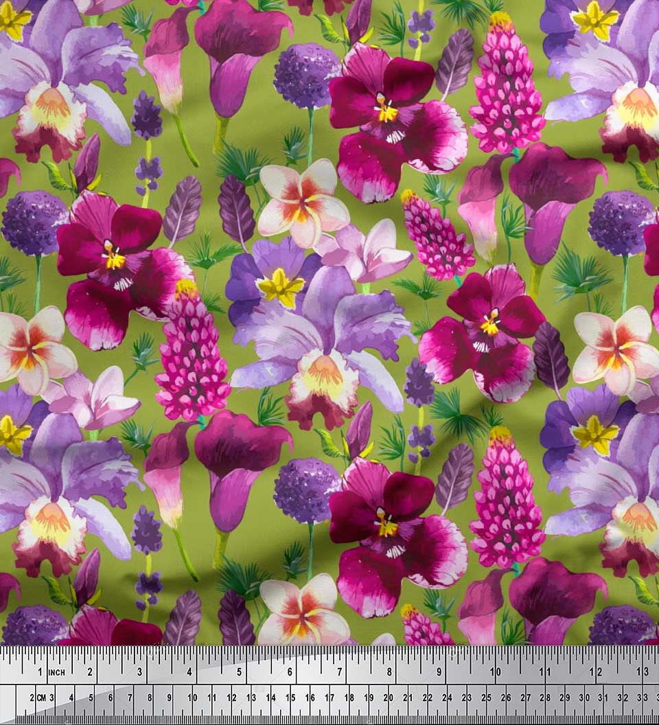 Soimoi Green Modal Satin Fabric Pink & Purple Floral Watercolor Print ...