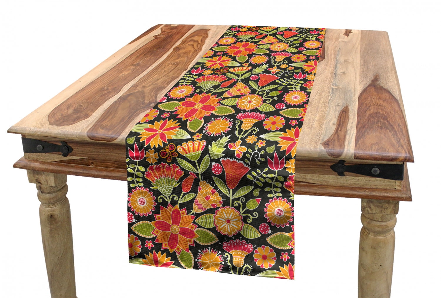 Floral Table Runner, Polish Folk Art Style Rhythmic Colorful Flowers ...