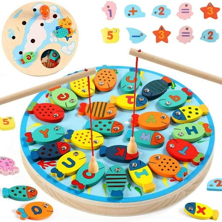 2 In 1 Magnetic Fishing Game Toy, 44pcs Wooden Alphabet & Number Fish ...