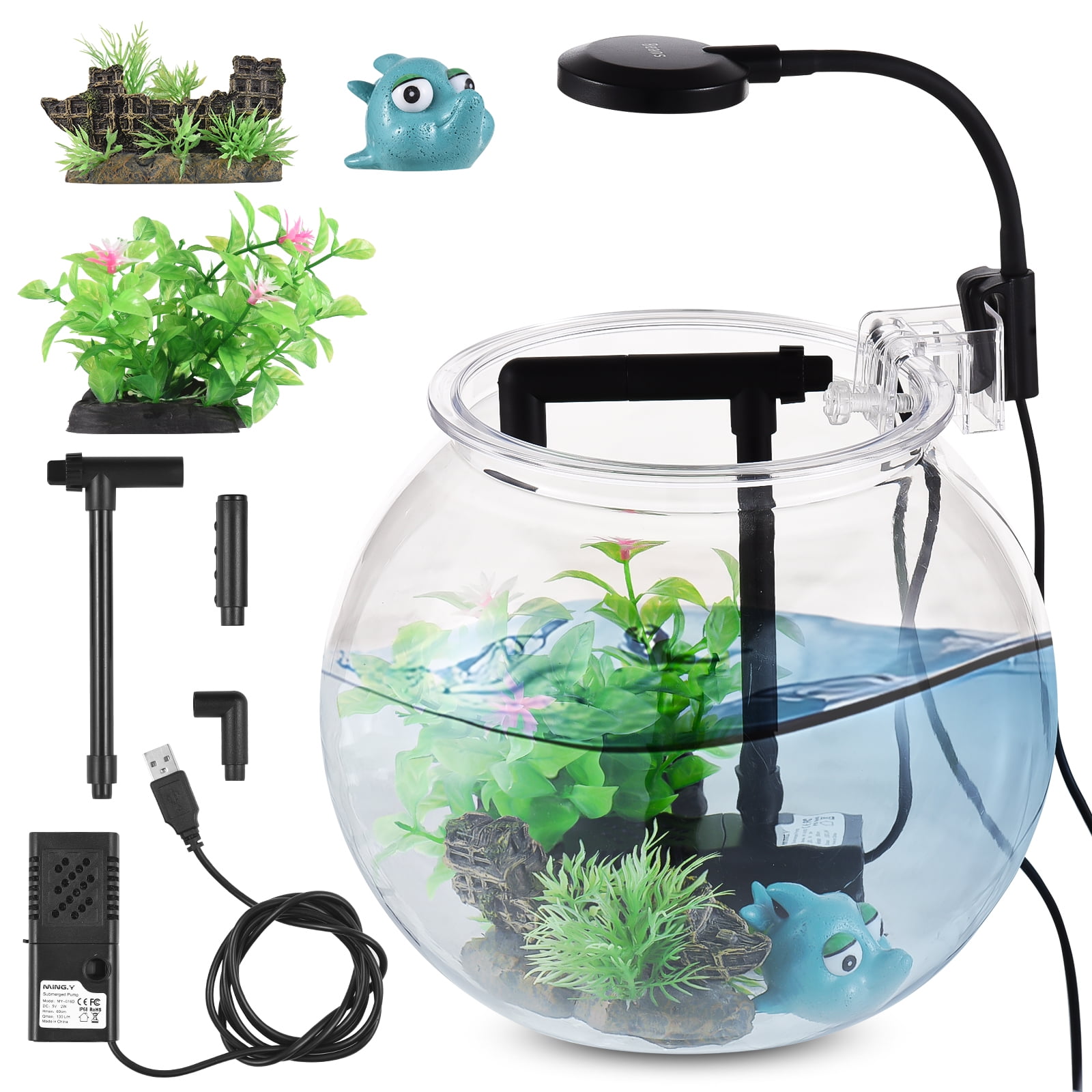 Fish Bowls 1 Gallon BPA-free Clear with Fish Tank Decorations Plant and ...