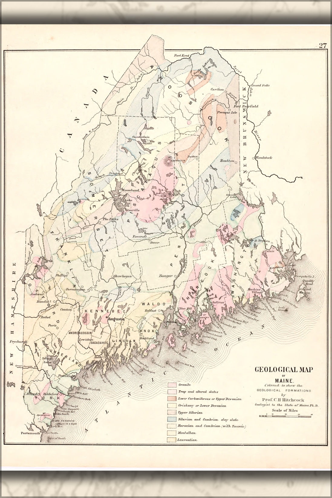 24"x36" Gallery Poster, Geological Map of Maine 1886 - Walmart.com