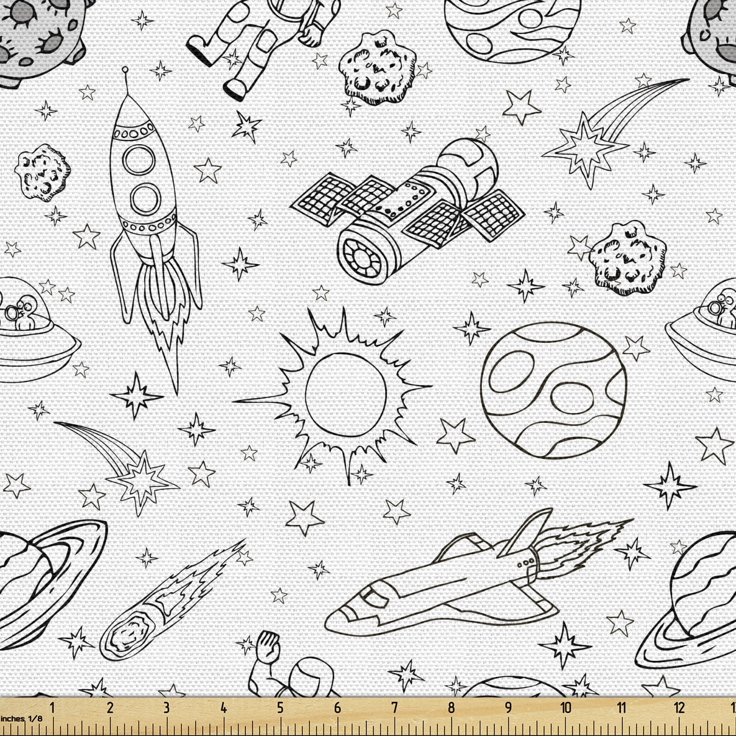 Cartoon Fabric by the Yard Upholstery, Doodle Solar System Astronauts ...