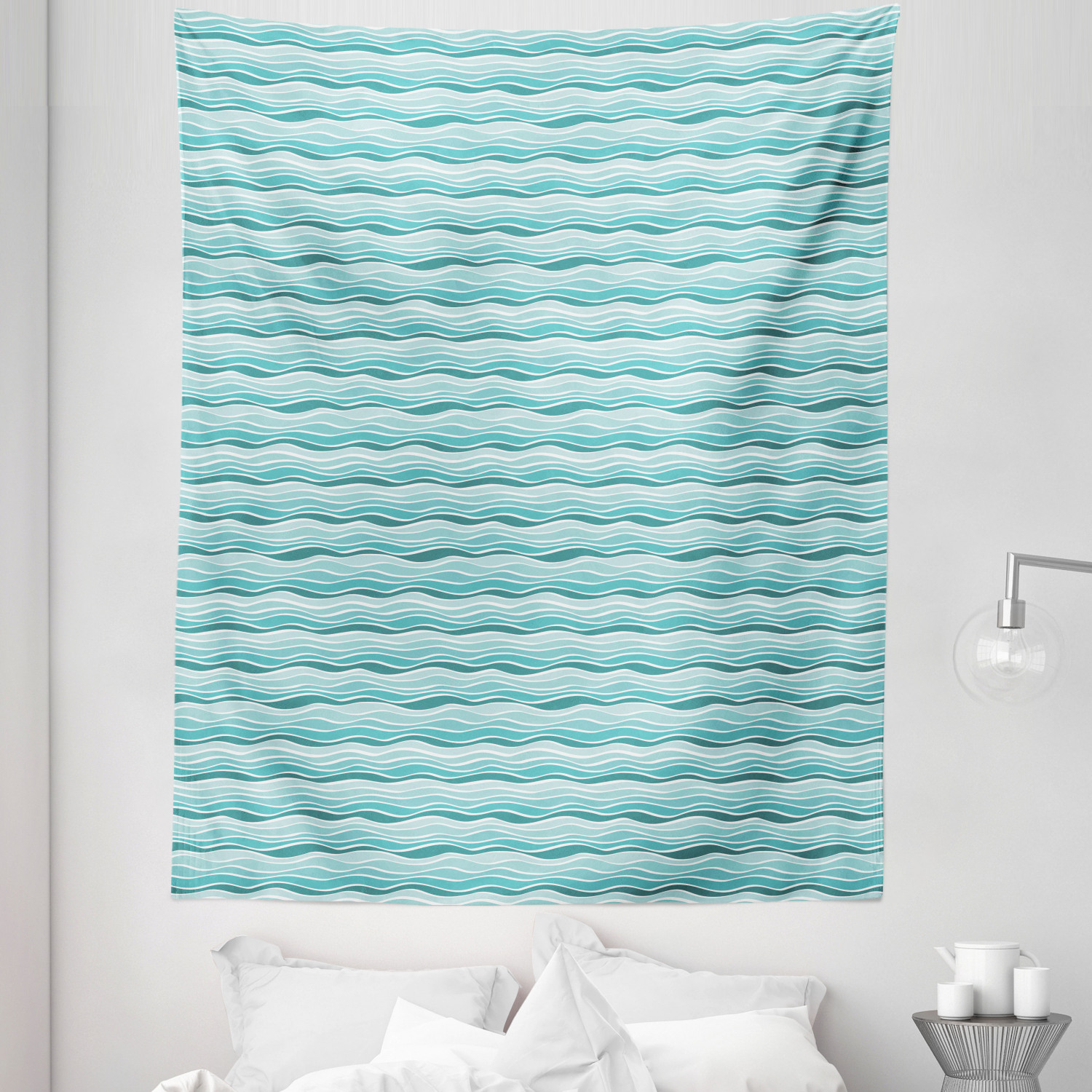Abstract Tapestry, Horizontal Waves Curved Stripes in Aquatic Tones Feeling, Fabric Wall Hanging ...