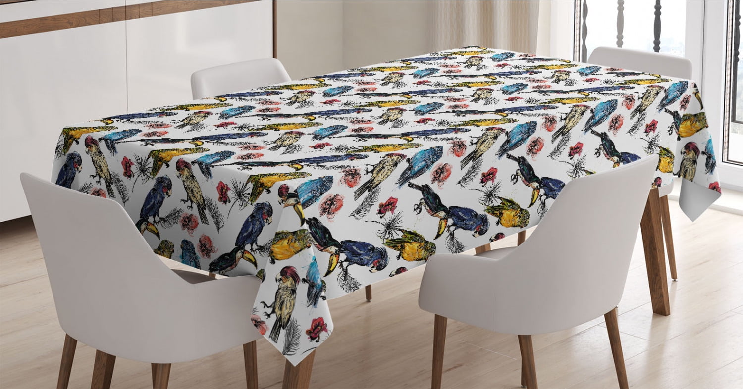Bird Tablecloth, Sketchy Painted Like Art of Repetitive Tropical Parrot ...