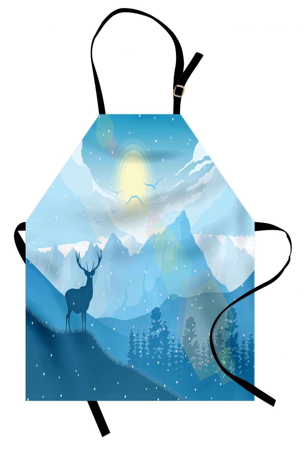 Deer Hunting Apron, Flying Birds Reindeer Mountain Clouds Illustration ...