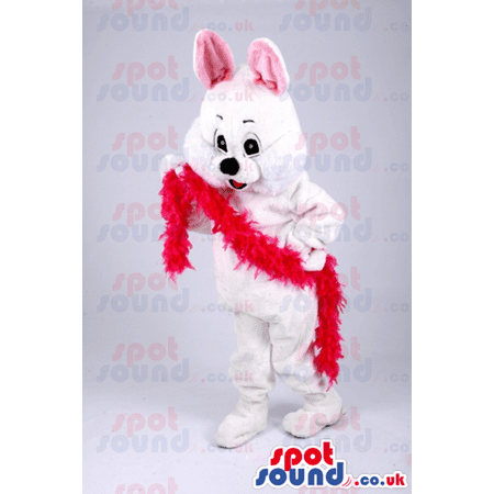 White rabbit SPOTSOUND Mascot with pink ears and red fluffy garlands ...