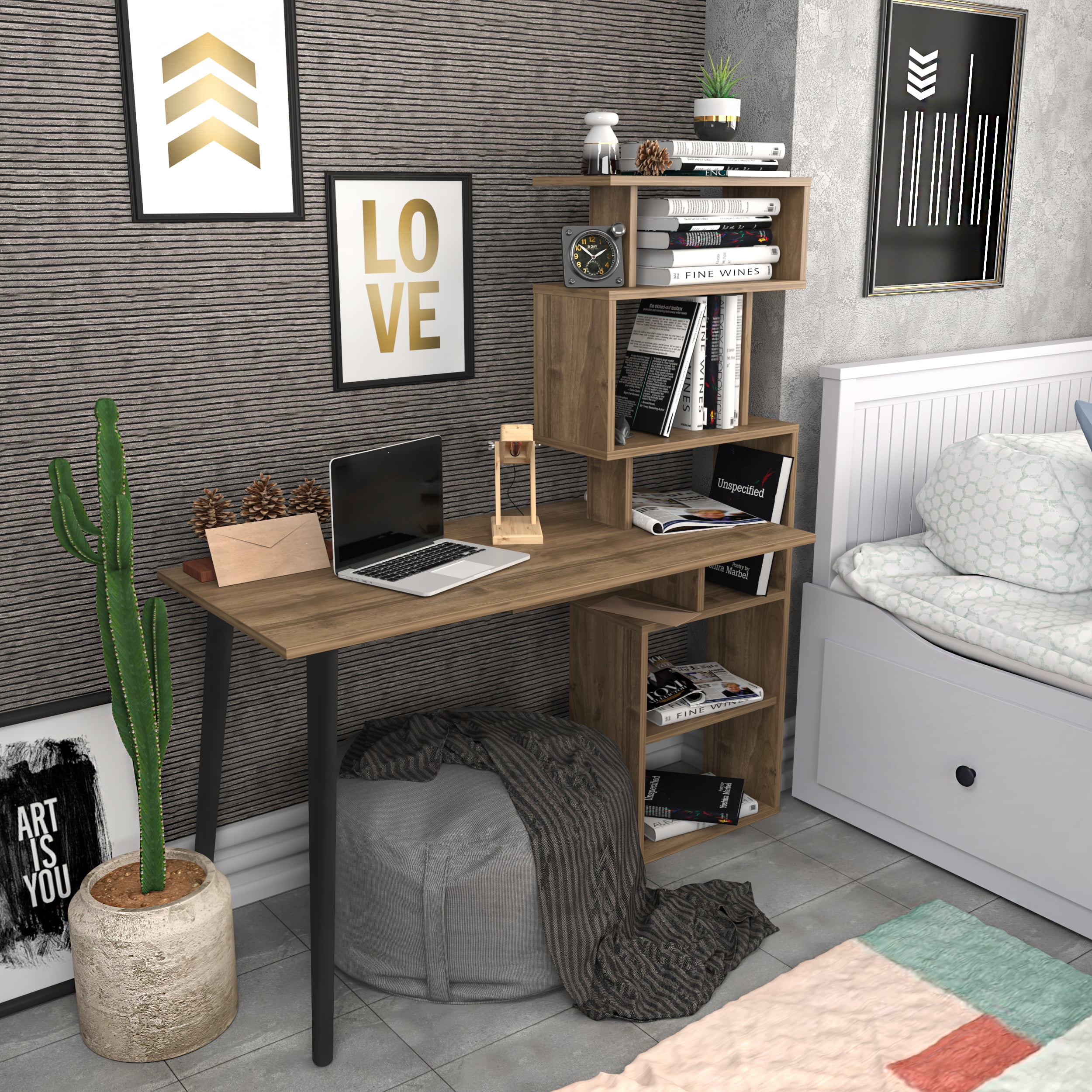 Decorotika Vina Modern Wood Computer/Writing Desk with Towe Shelves ...