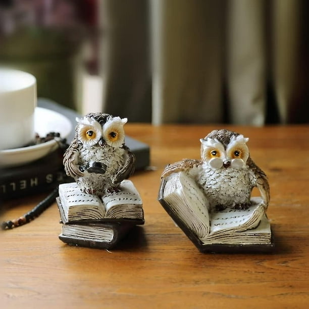 2 Pieces Owl Statues Decor,owl Reading Book Figurine Cute Crafted ...