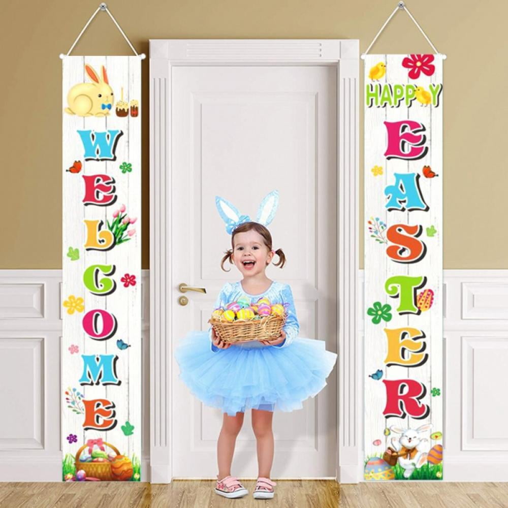 Happy Spring Banner for Outdoor Colorful Floral Bunny Porch Sign ...