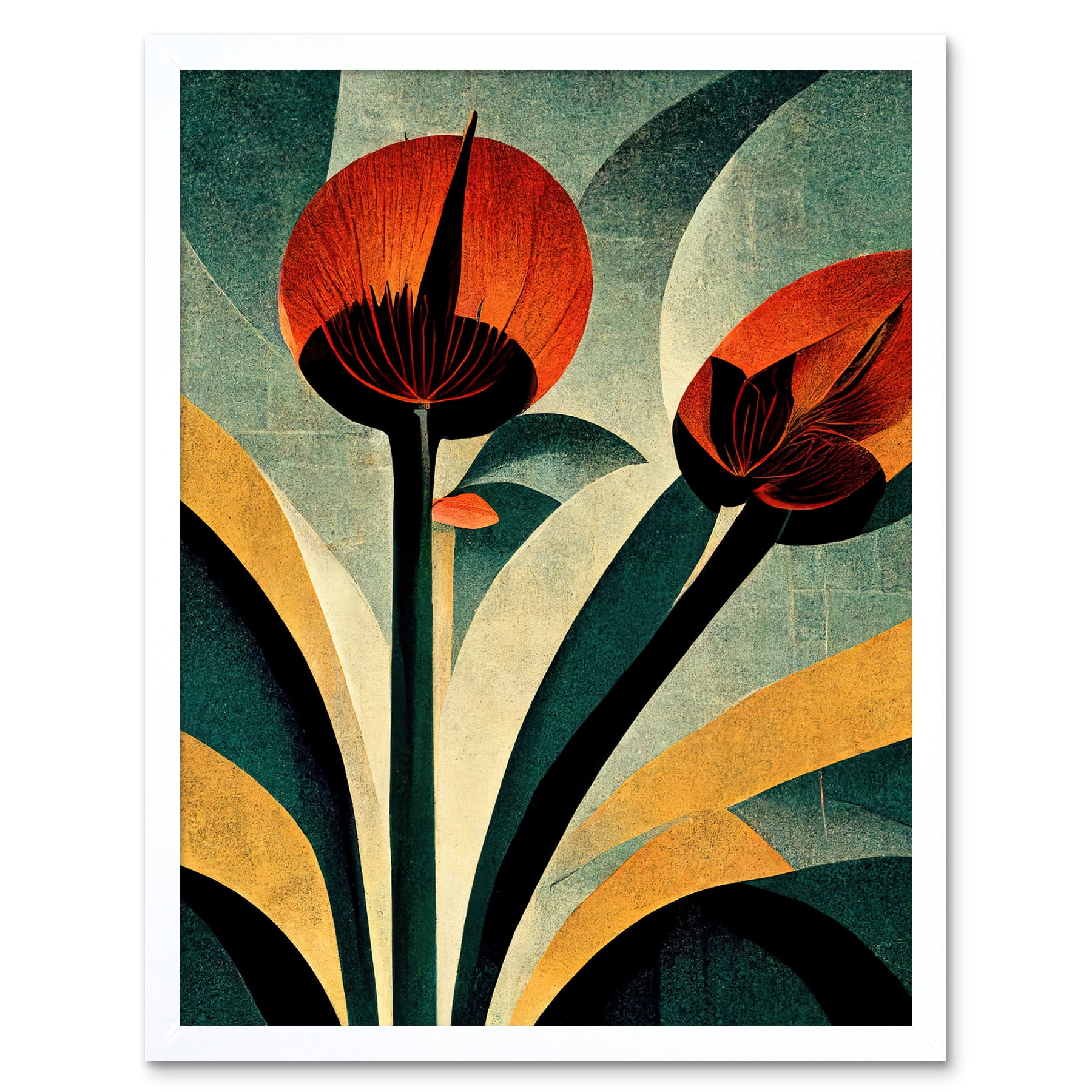 Single Art Deco Flower Painting Coral Navy Green Beige Art Print Framed ...