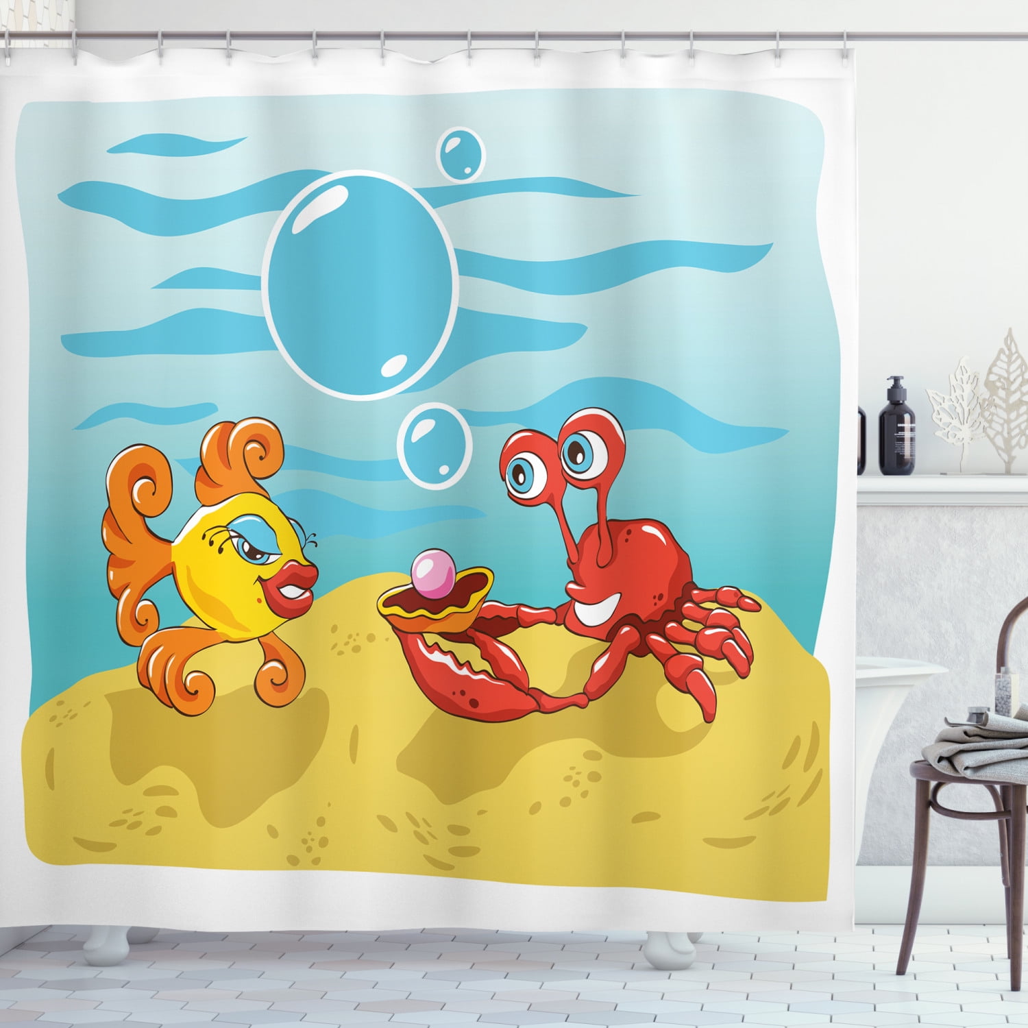 Ambesonne Cartoon Shower Curtain, Fish Crab Cartoon, 69"Wx70"L, Yellow ...