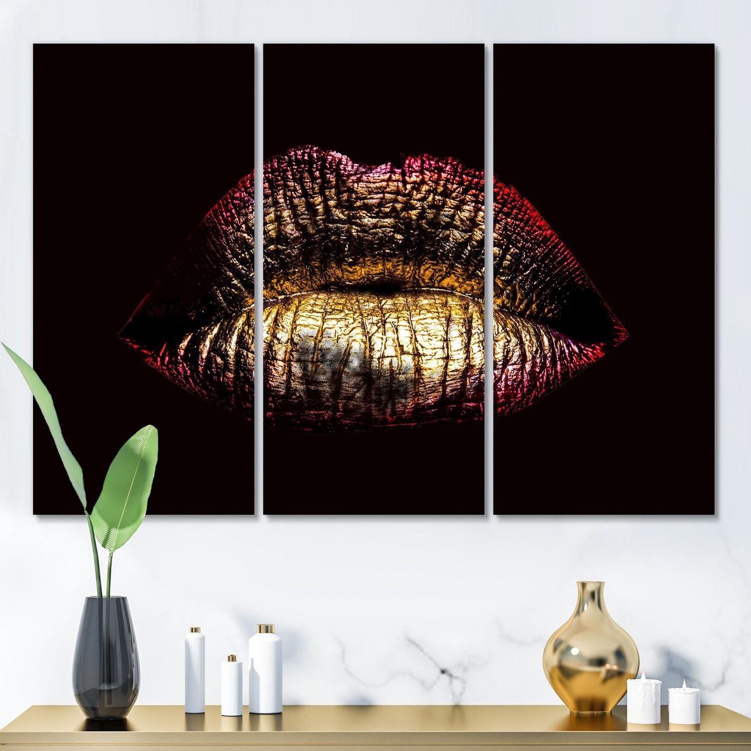 Click here for Designart Sexy Golden Metallized Female Lips Iv Ca... prices