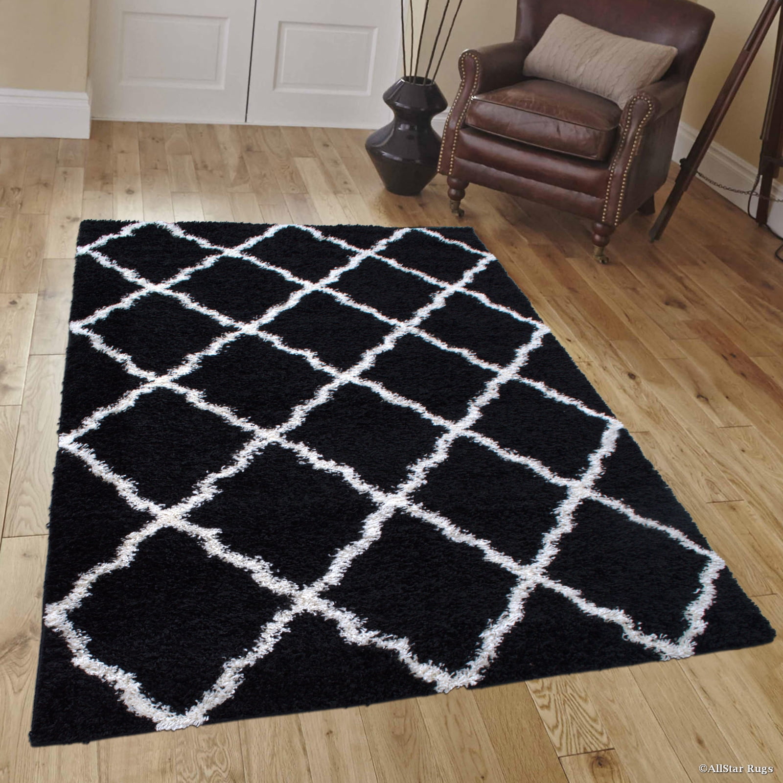 Allstar Modern Contemporary Black High Pile Posh Shaggy Trellis ...