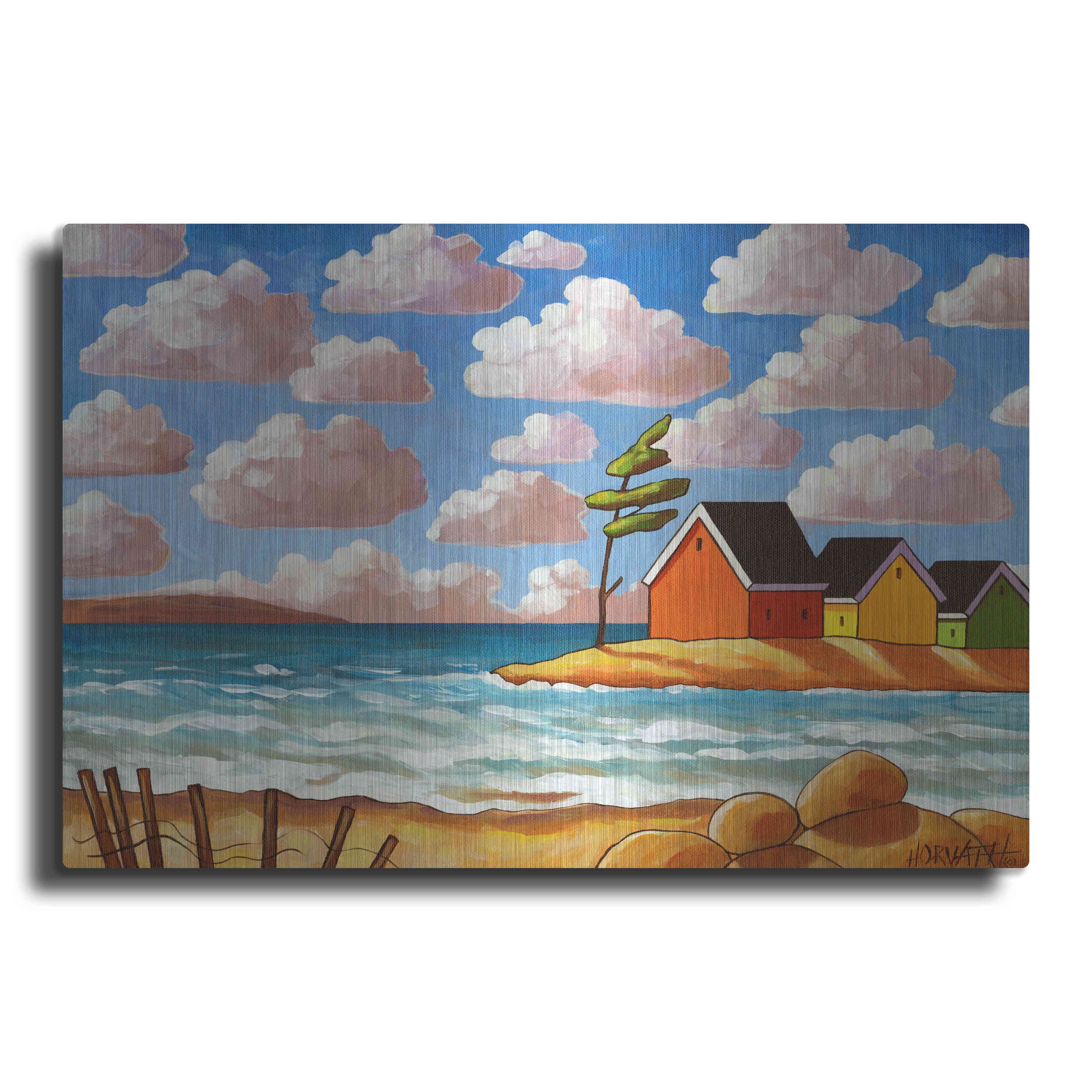 Luxe Metal Art 'Waves and Colorful Cabins Beach' by Cathy Horvath ...