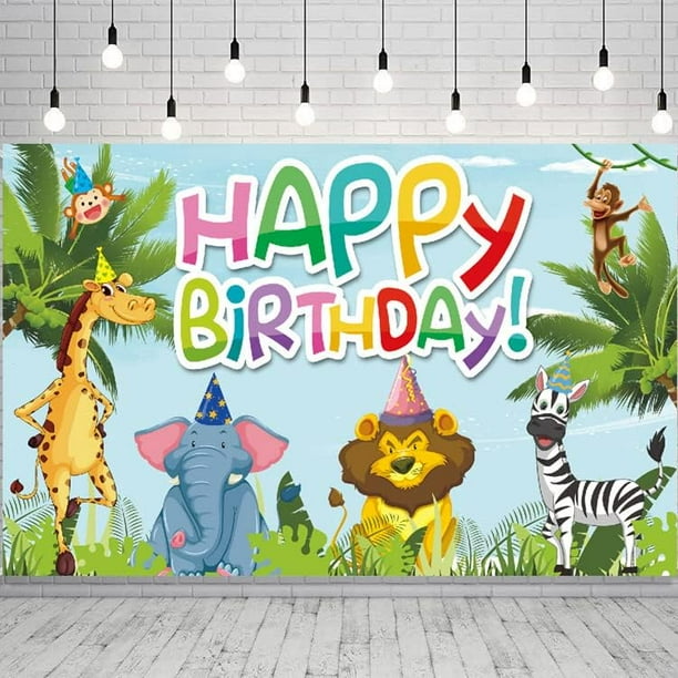 Cartoon Jungle Animal Birthday Banner Happy Birthday Theme Party ...