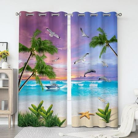 CUH 2PC Curtains Panel Blue Drapes Grommet Beach Scenery Window Curtain ...