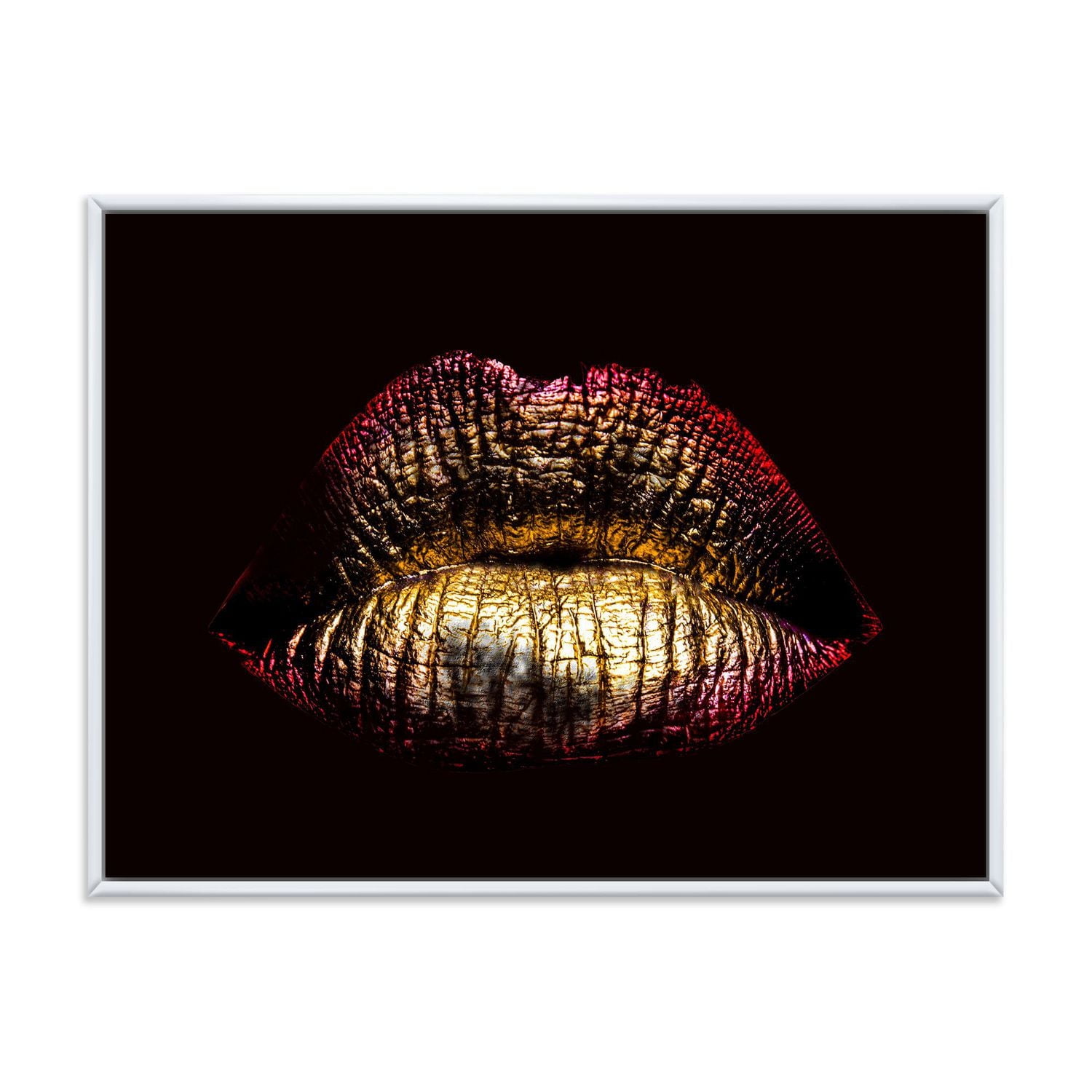 Designart Sexy Golden Metallized Female Lips IV FLOAT FRAME WALL ART ...