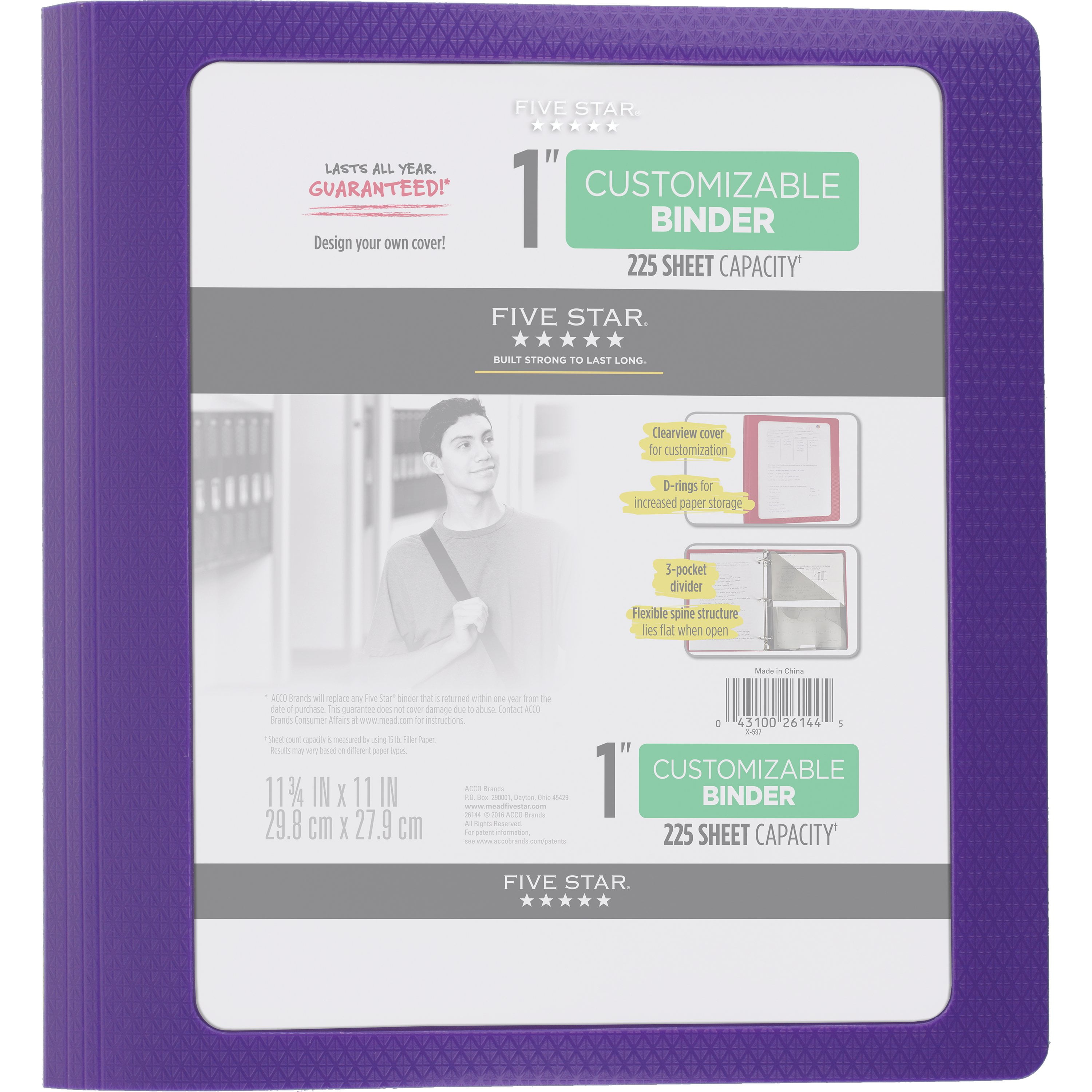 Five Star 1" Customizable Plastic Binder, 200 Sheet Capacity, White ...