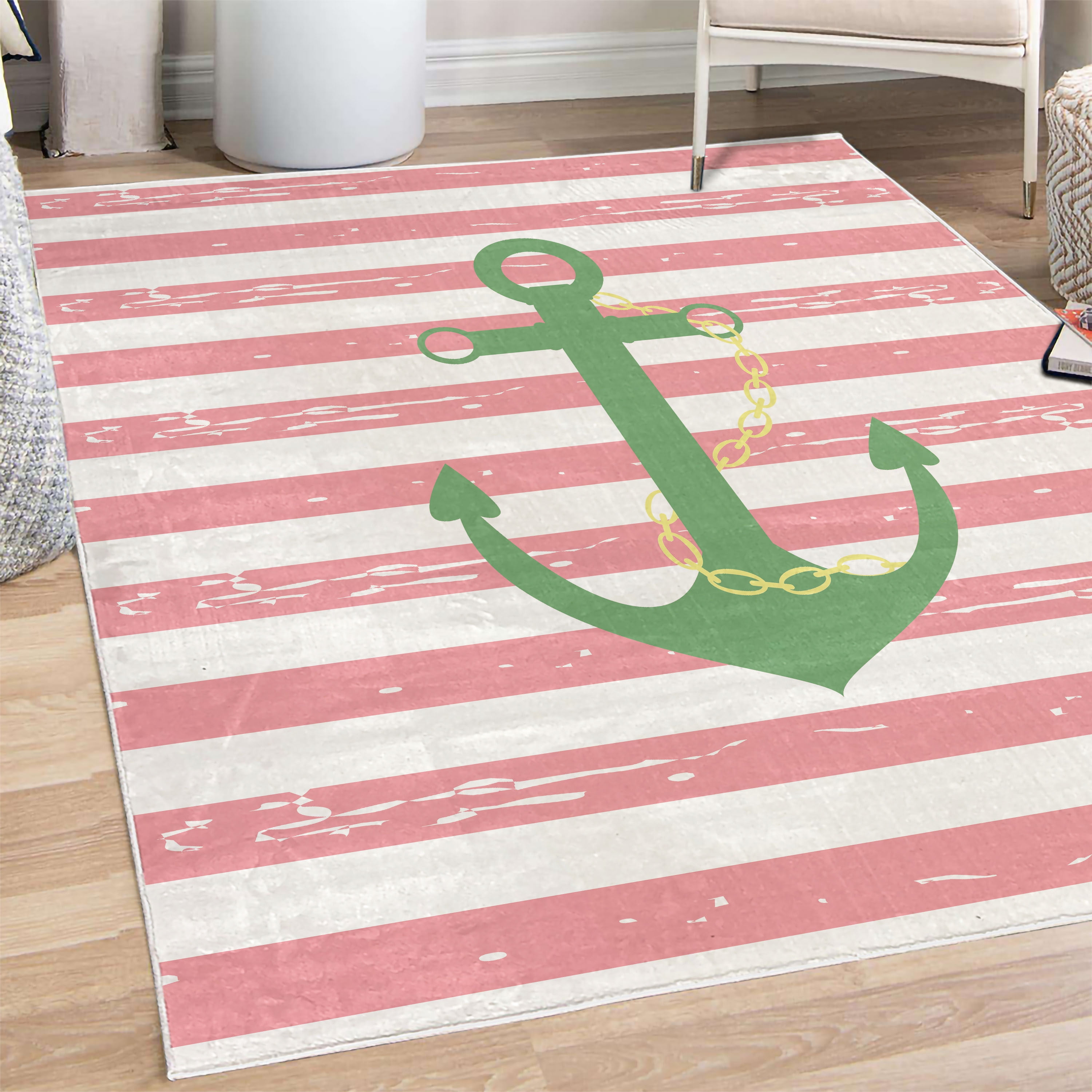 Striped Decorative Rug, Ship Anchor Chain Marine Life Inspired Lines ...
