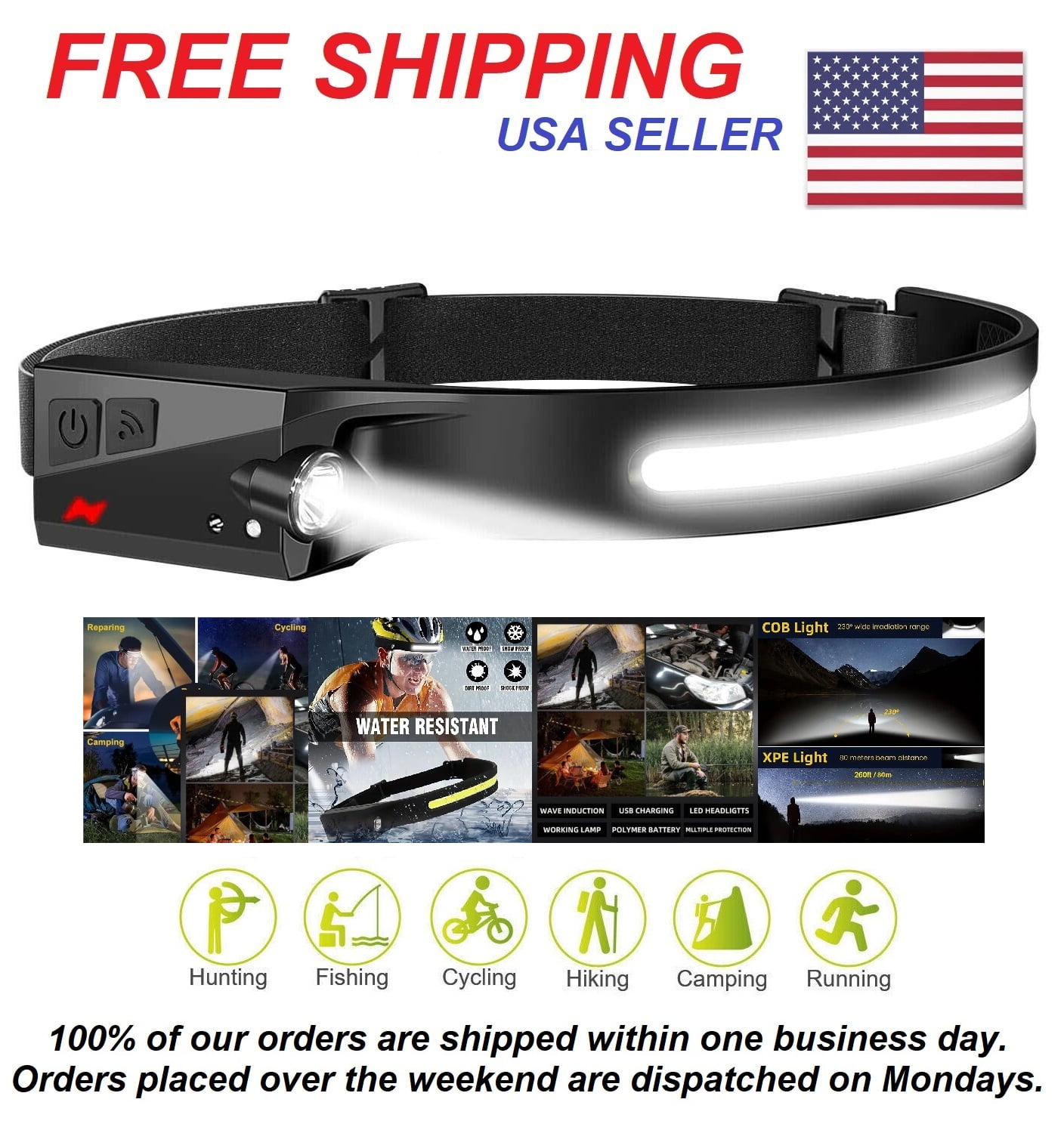 COB LED Headlamp USB Rechargeable Headlight for Fishing Work Light Bar ...