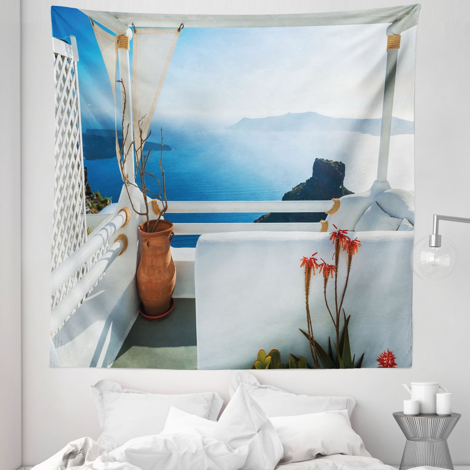 Greek Tapestry, Holiday Terrace with Sea at Sunset Architecture on ...