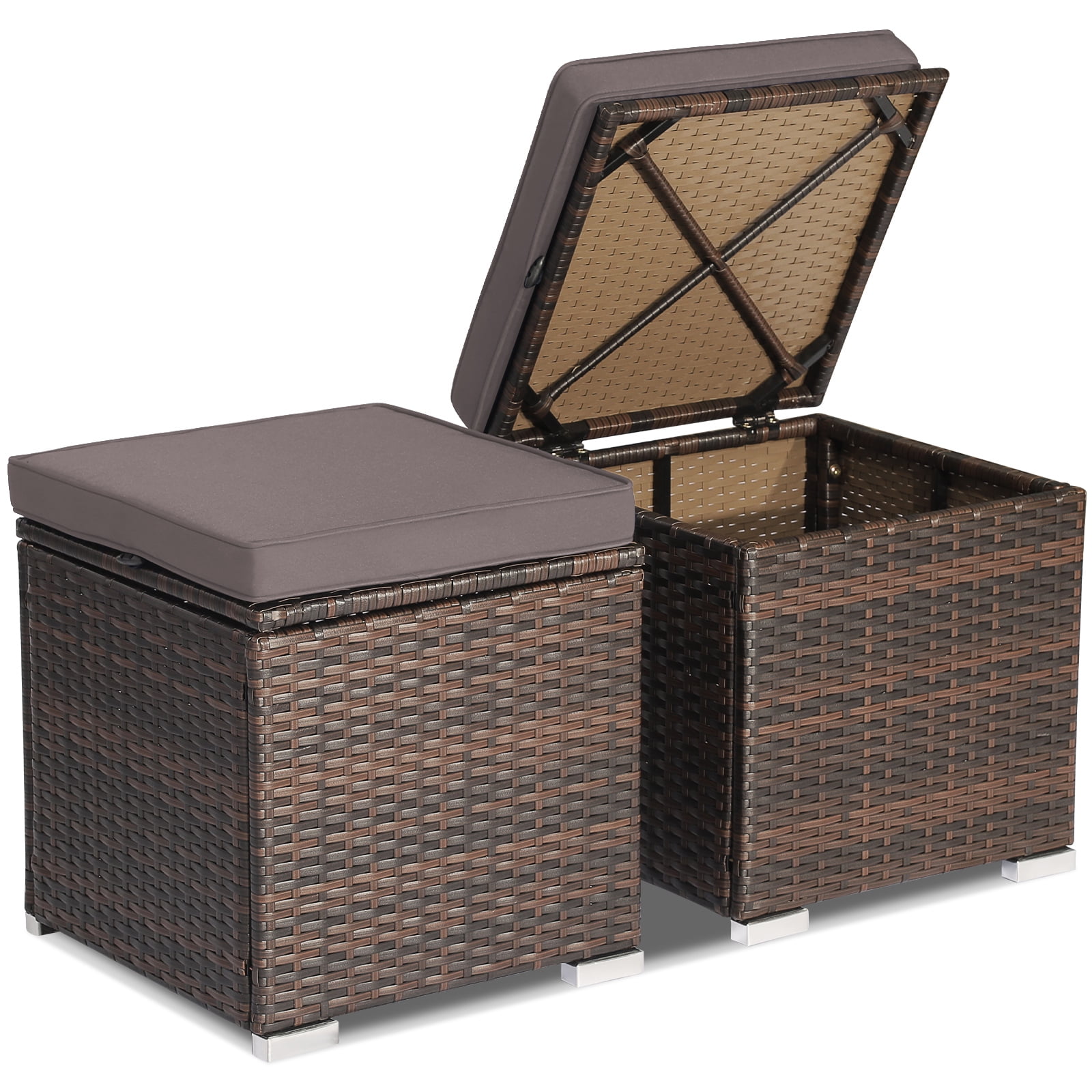 Costway 2PCS Patio Rattan Ottomans Seat Side Table Storage Box ...