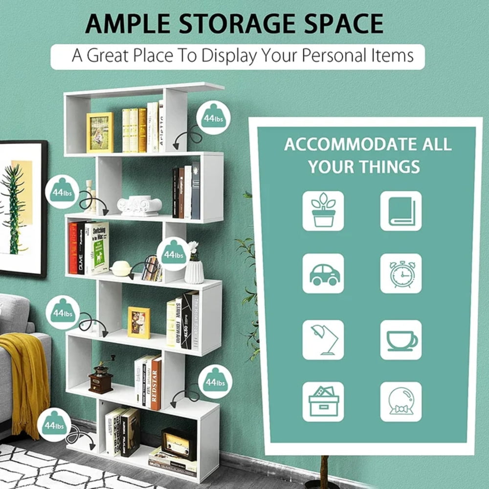 Buy HOMEFORT 6-Shelf Geometric Bookcase, Wood S-Shaped Bookshelf ...