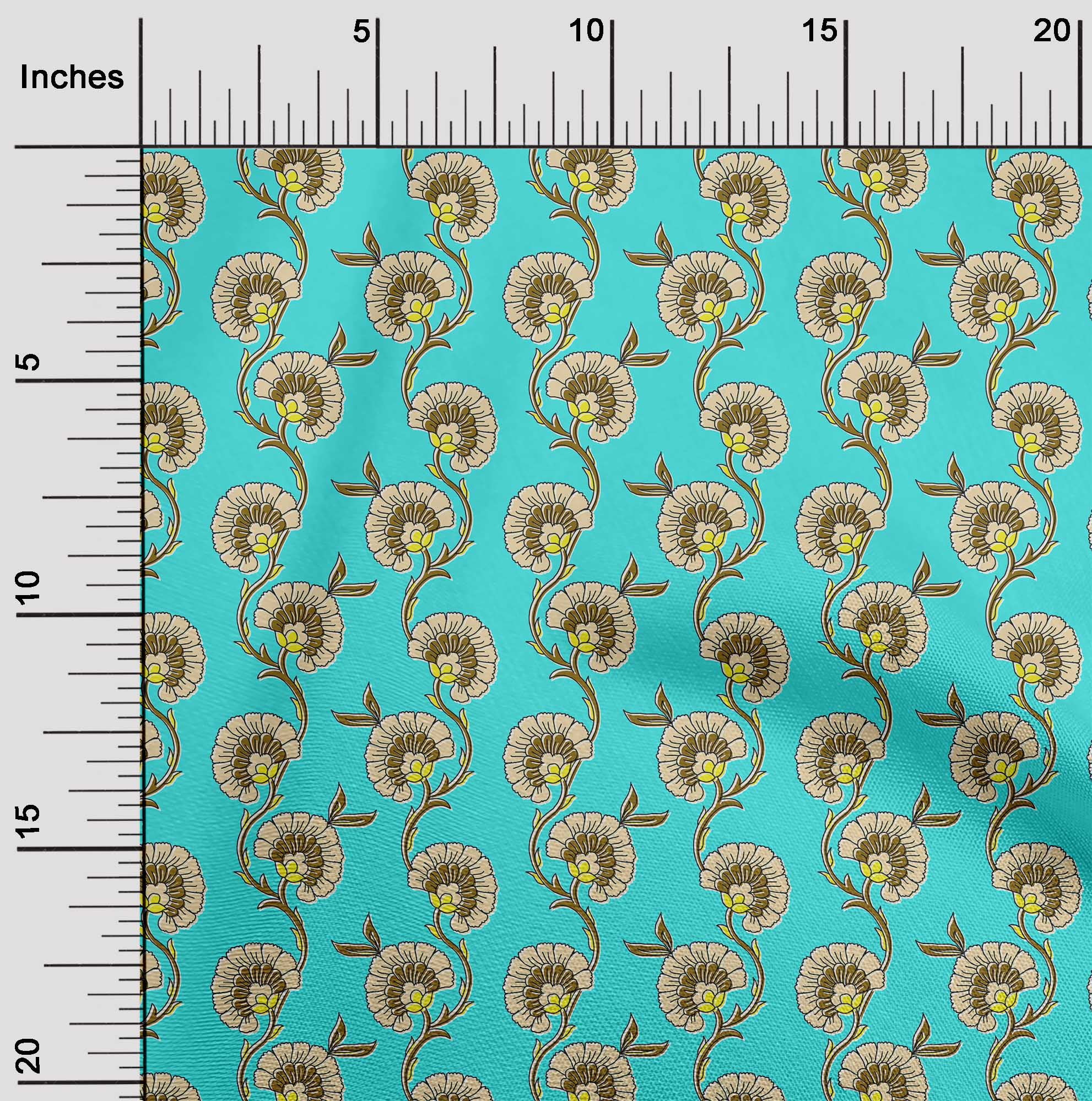 oneOone Cotton Silk Turquoise Green Fabric Leaves & Flower Floral Dress ...