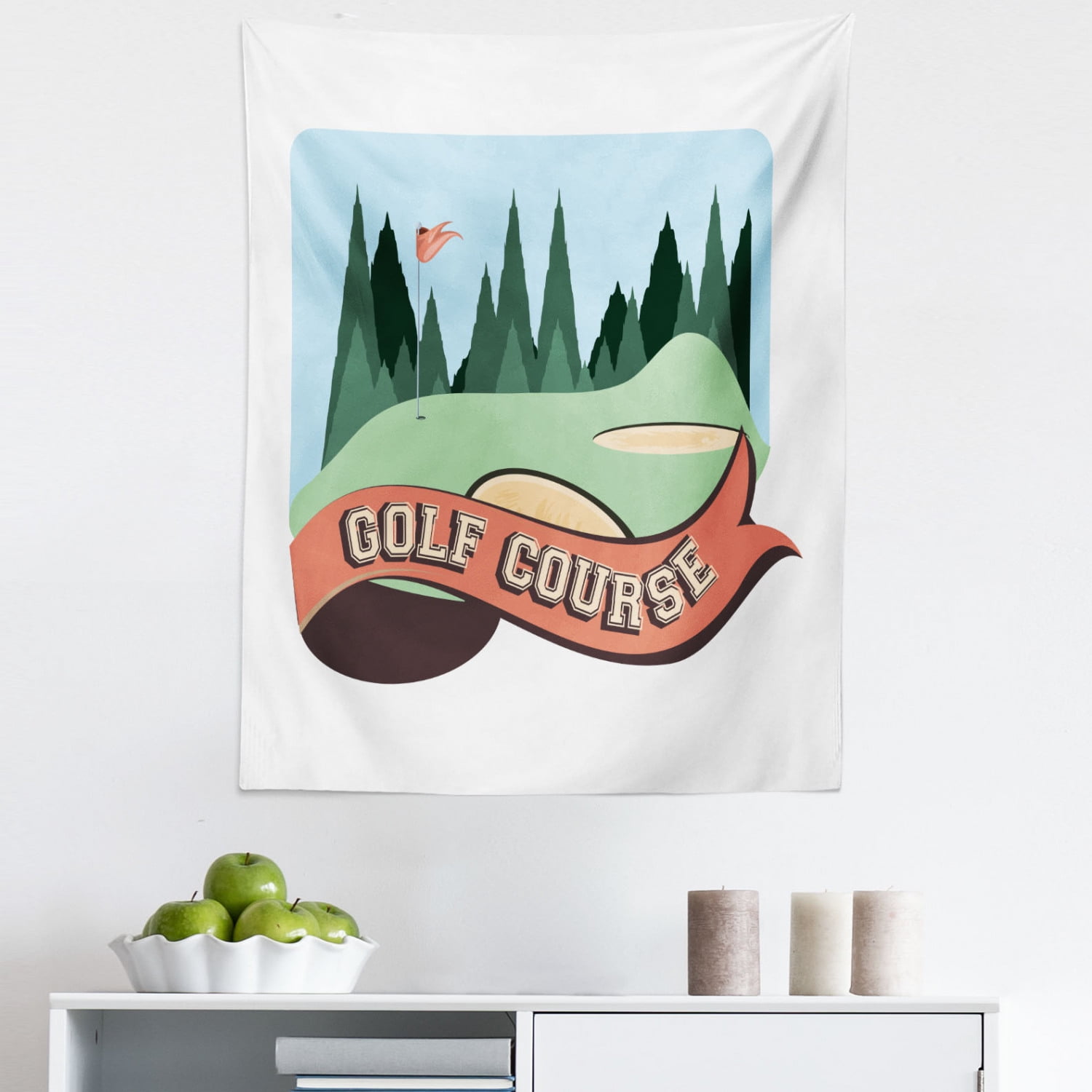 Golf Course Scene Tapestry, Cartoonish Graphic of Forest Hills and Flag ...