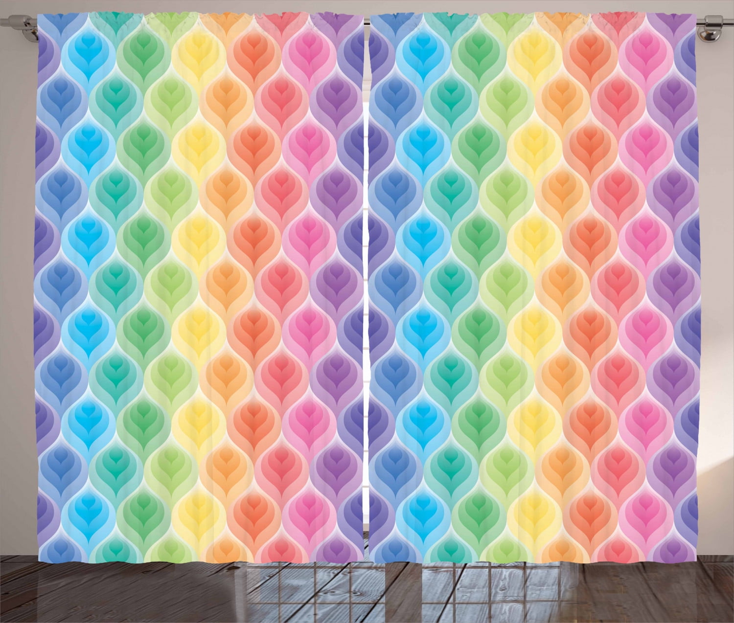 Geometric Curtains 2 Panels Set, Rainbow Colored Ornamental Vintage ...