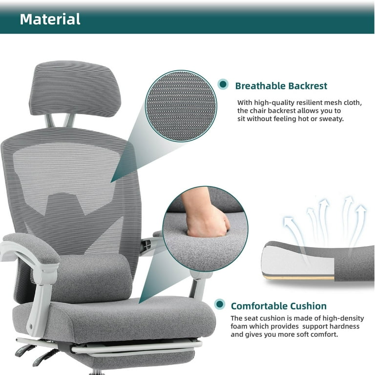 edx Ergonomic Office Chair High Back Mesh Reclining with Lumbar Support Adjustable Headrest Footrest Padded Arms Gray